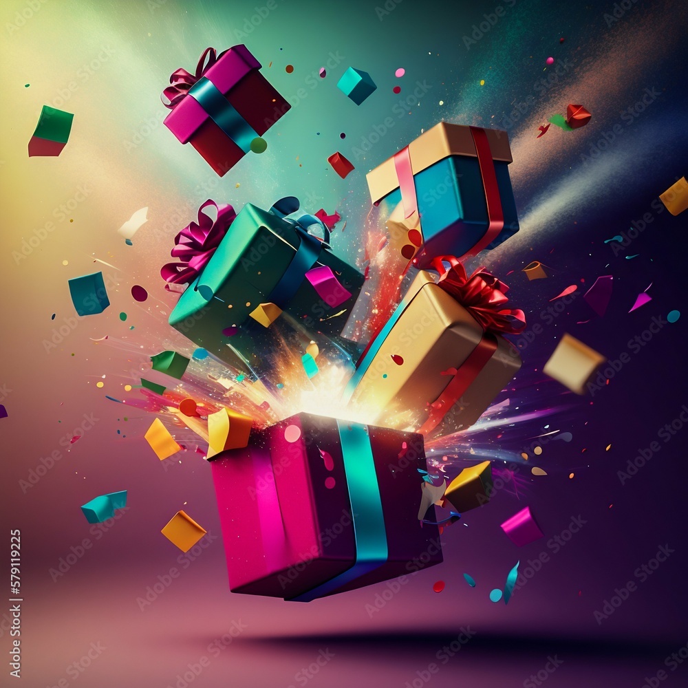 Exploding colorful gift boxes tide with ribbons creative background and ...
