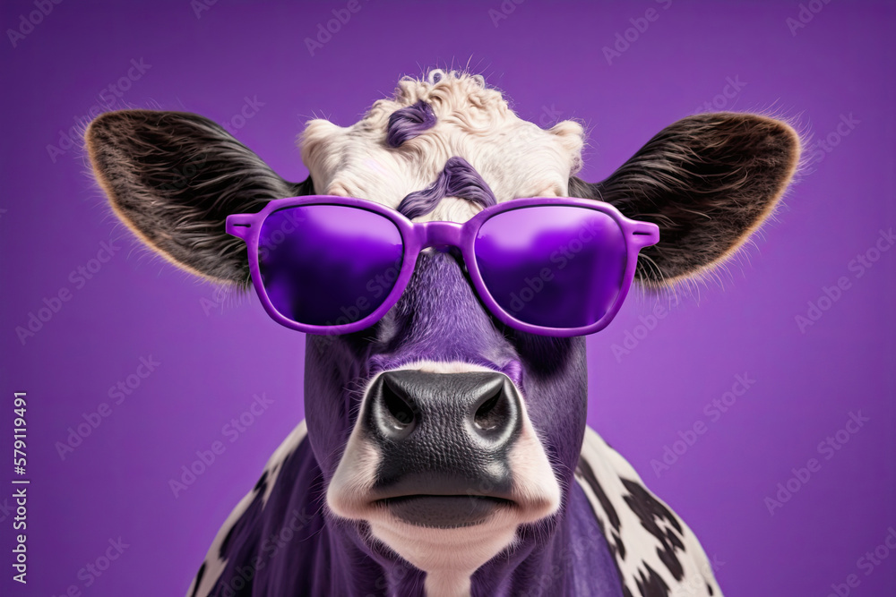 Cute Cartoon Cow wearing Purple Sunglasses on a Purple Background (Generative AI) Stock ...