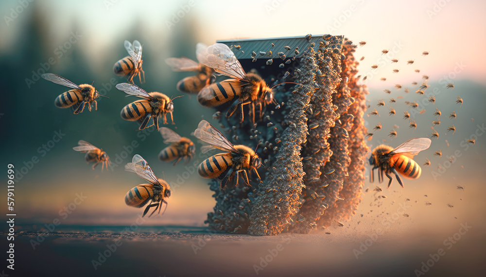 A swarm of bees buzzing around a hive, their wings blurred in motion ...