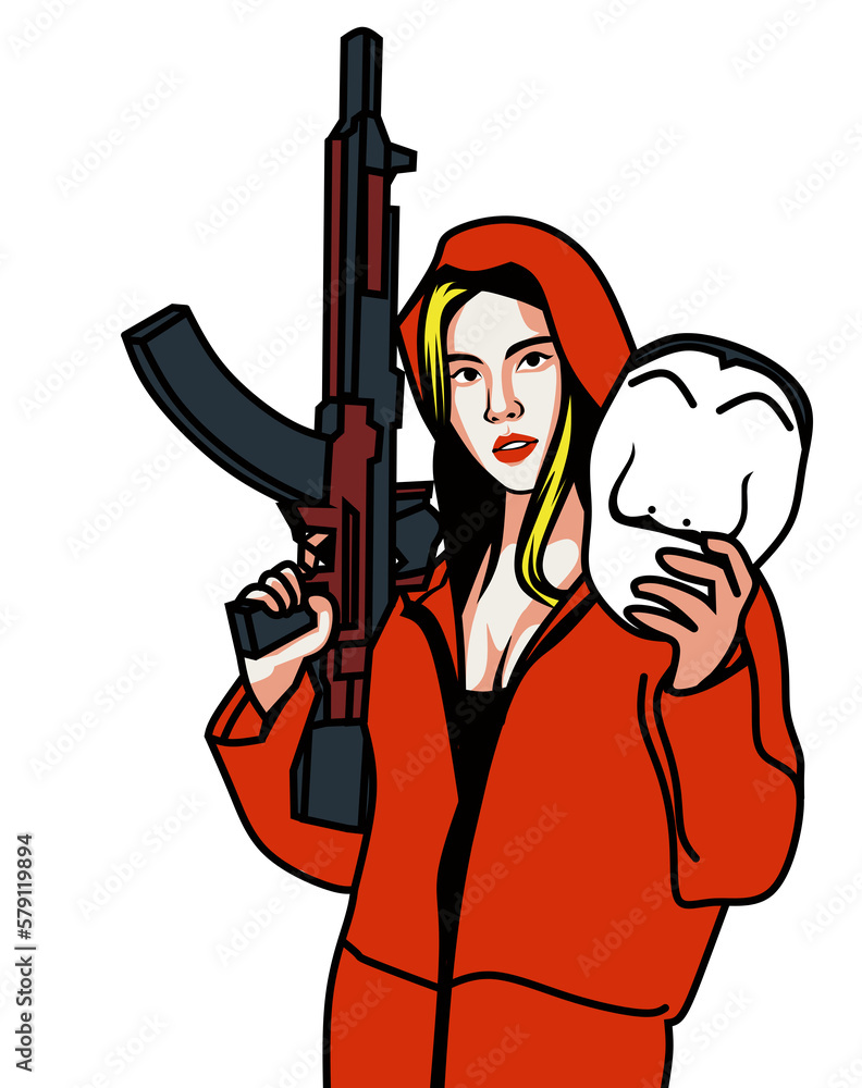 Sexy girl with jacket gun and mask pop art illustration Stock ...