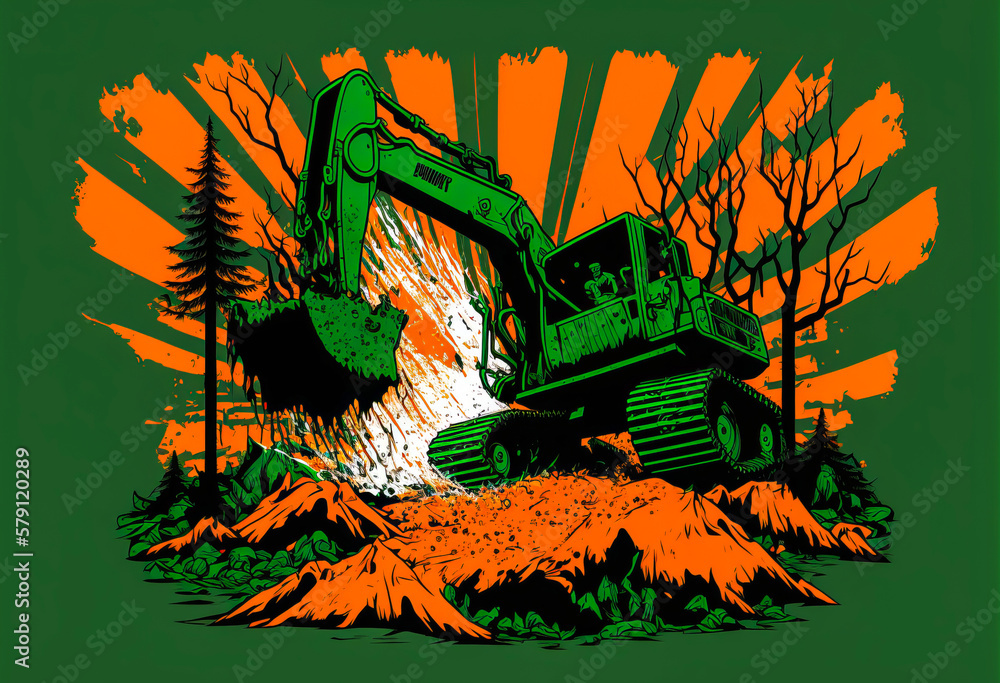 Image representing a bulldozer destroying a lush forest. The colors are ...