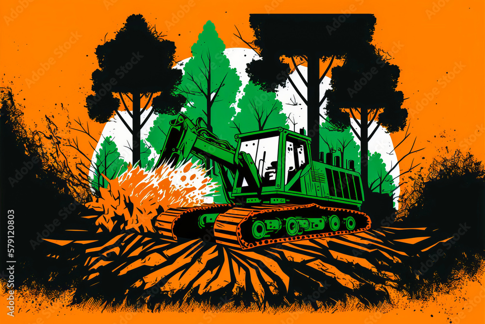 Stylized and caricatured image of a bulldozer destroying a lush green ...