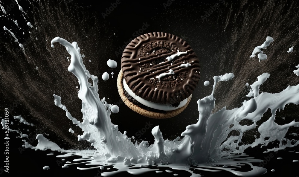 an oreo cookie falling into milk splashing out of the water on a black ...