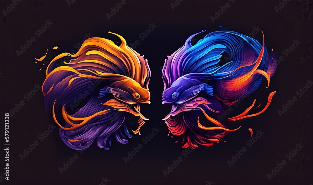 two colorful fish facing each other on a black background with a black ...