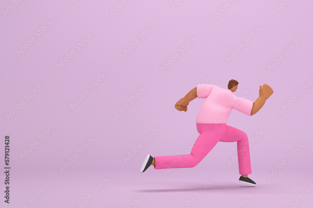 The black man with pink clothes. He is running. 3d rendering of cartoon ...