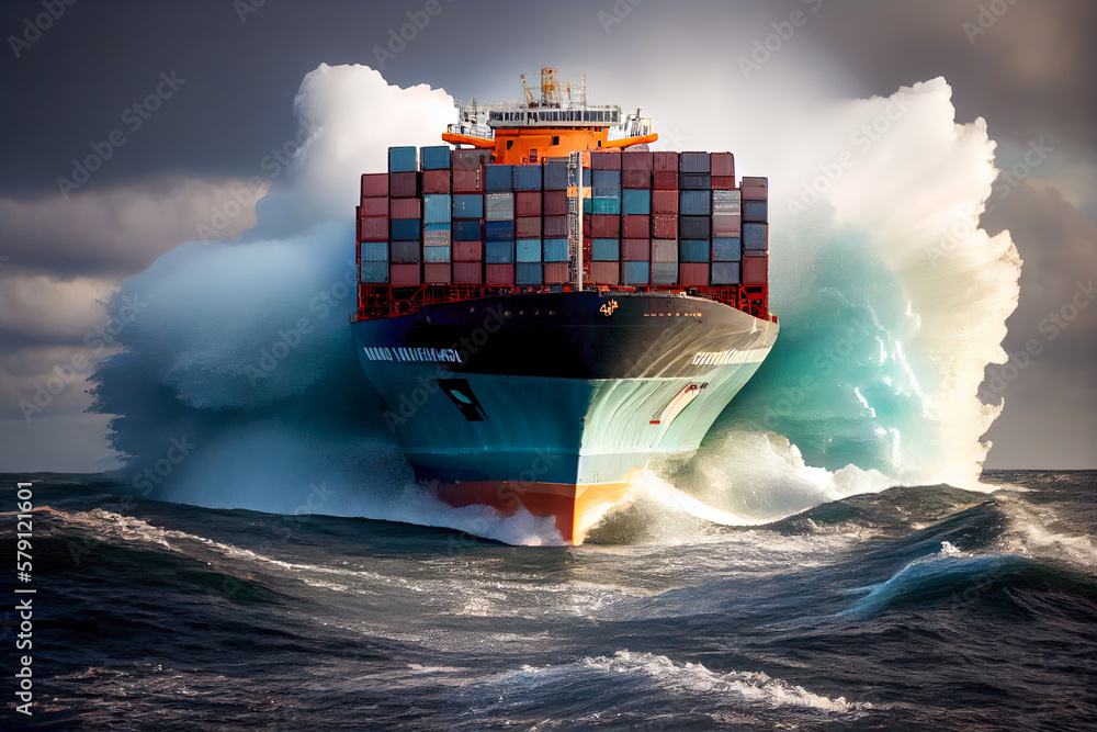 container ship cuts through giant waves. Generative AI, Generative, AI ...
