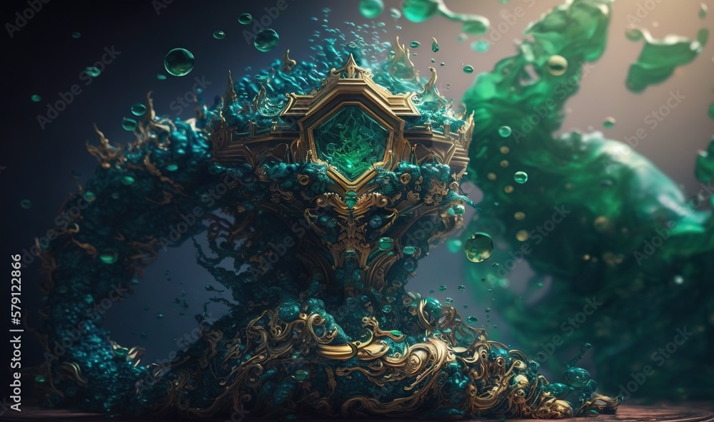 a digital painting of a green and gold creature with bubbles in the air ...