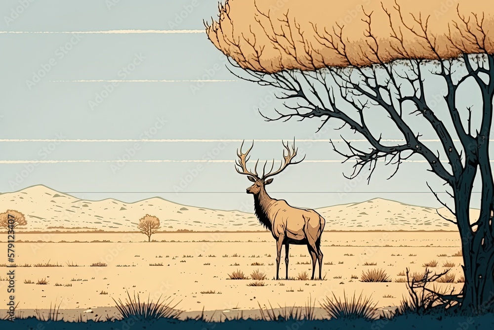 stunning image of an elk in the background of a leafless tree and a ...