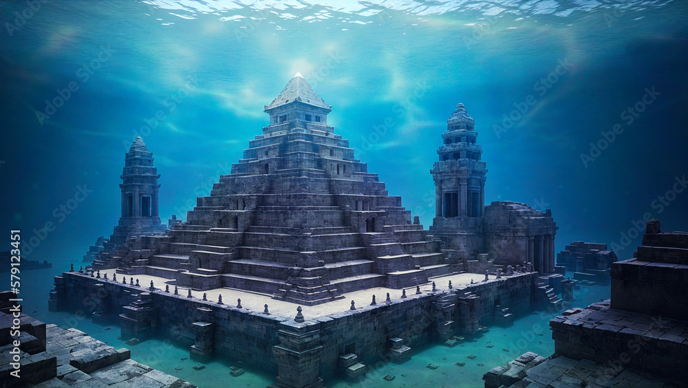 view of an ancient Atlantis city with huge step pyramid temple with ...