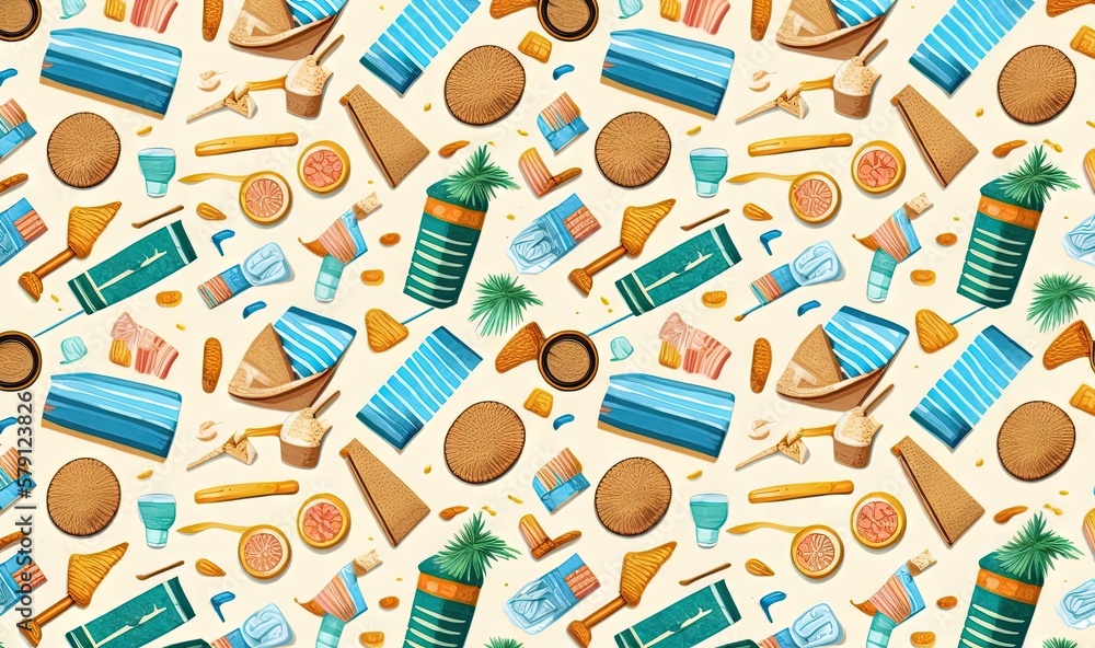a pattern of beach items on a white background with palm trees and a ...