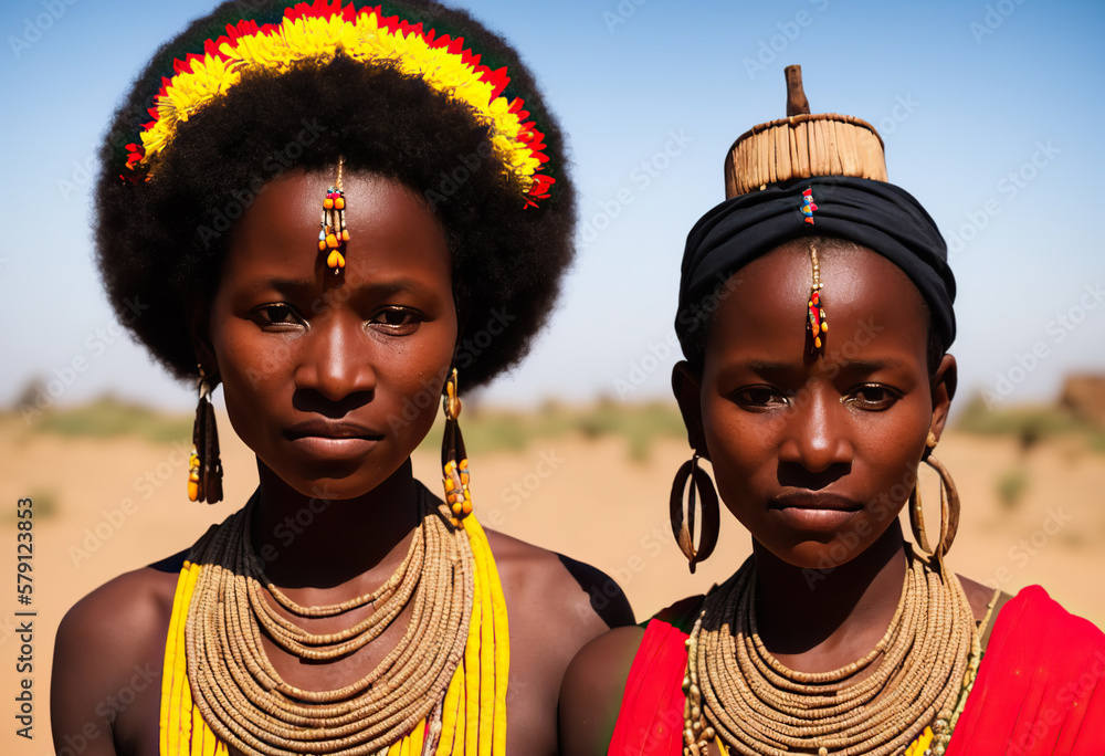 Generative AI image of young native African women in traditional ...