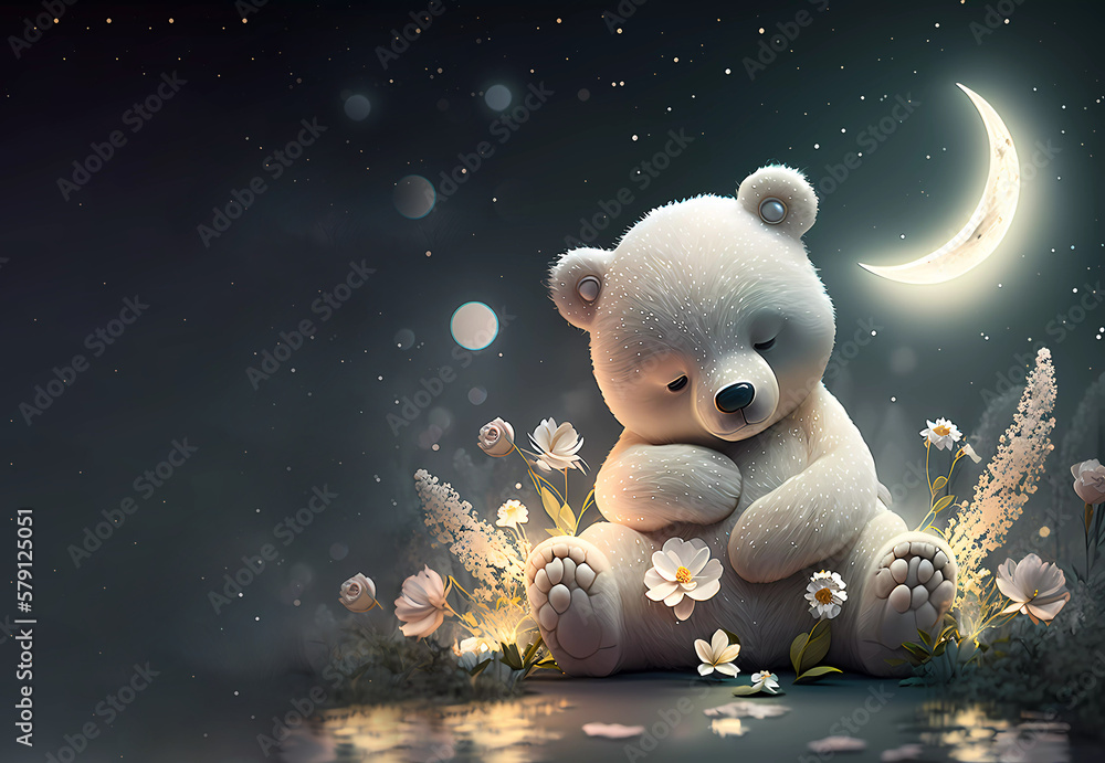 white bear is sleeping, behind the moon and the starry sky. Teddy bear ...