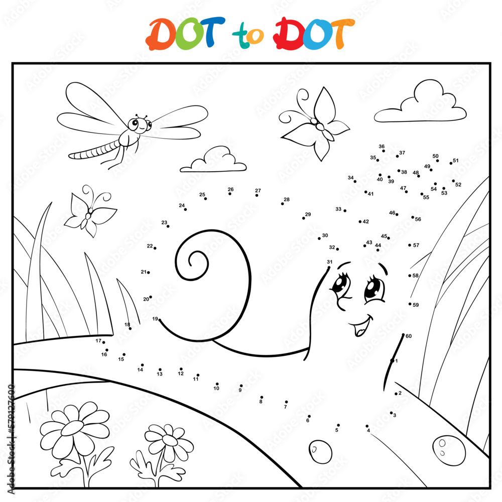 Connect The Dots and Draw Cute Cartoon snail. Educational Game for Kids ...