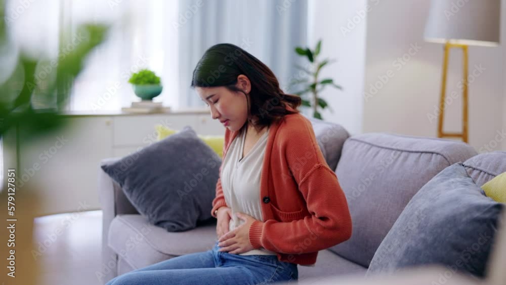 Pain, sick and a woman feeling stomach for ibs, problem and insecurity ...
