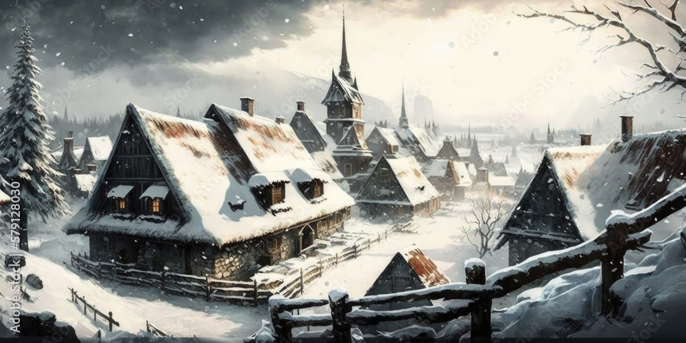 An old medieval northern town, wooden houses with high roofs that are ...