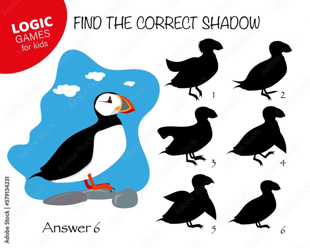 Find the correct shadow Puffin. Cute cartoon sea bird. Educational ...