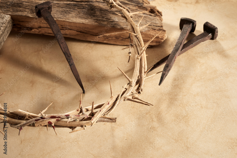 Crucifixion Of Jesus Christ. Cross With three Nails And Crown Of Thorns on ground Stock Photo ...