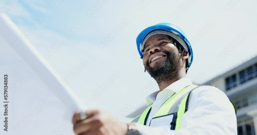 Black man, architect and blueprint in city for planning, construction ...