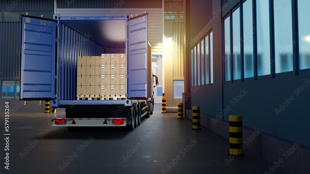 Truck stops at warehouse. Lorry with sea container on trailer. Truck on ...