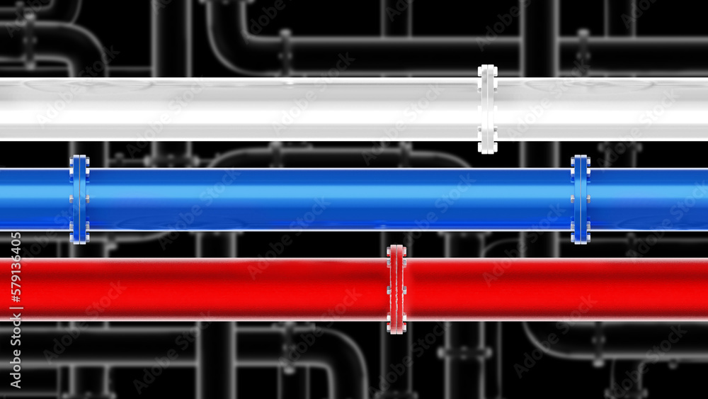 Pipeline in colors of flag of Russia. Three parallel pipes. Pipeline ...