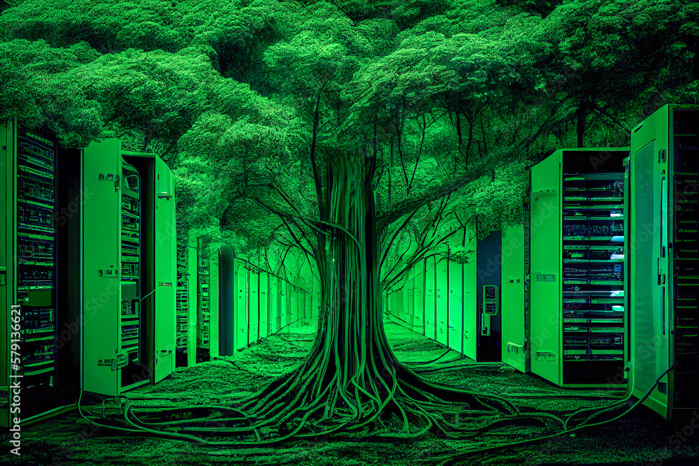 green data center integrated into the forest. Generative AI, Generative ...