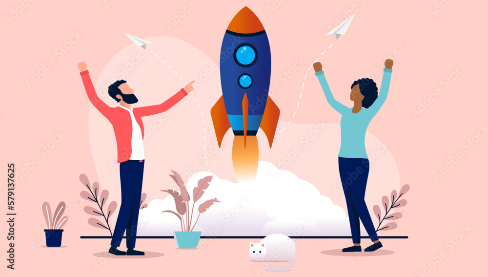 Launching project - Two businesspeople looking at rocket launch ...