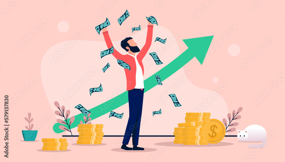 Person getting rich - Man making lots of money in front of green arrow ...