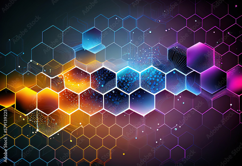 Modern scientific background with hexagons, lines and dots. Wave flow ...