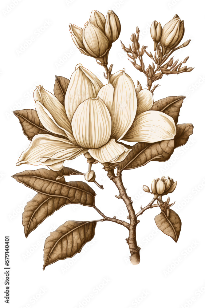 isolated white magnolia flower botanical drawing, spring, illustration ...