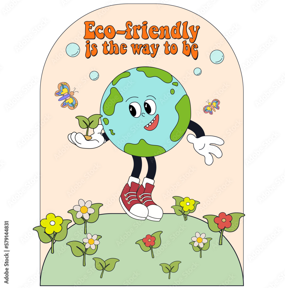 Poster for Planet Earth day in groovy style. The planet earth holds a ...