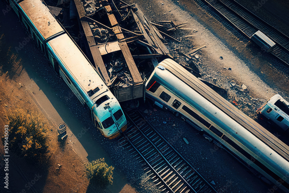 Passenger train crash accident, aerial view. Broken wagons and damaged ...