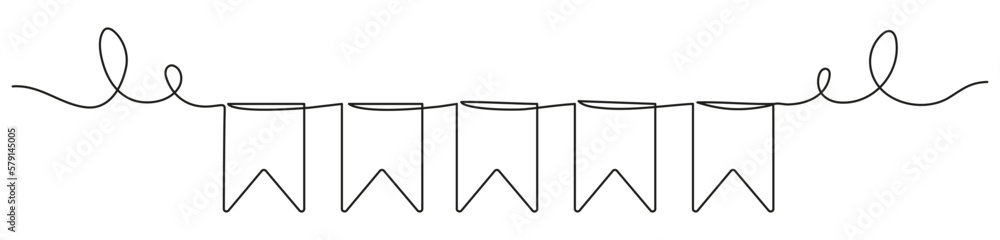 Continuous line art drawing buntings garland. Celebration party hand ...