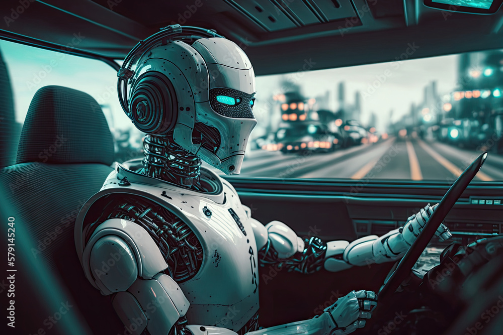 Robot drivinf car like a human. Futuristic technology. Autonomous ...