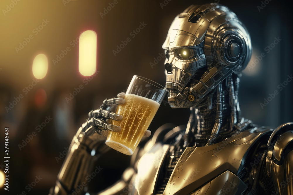 Robot drinks beer in bar like a human. Tired humanoid robot sitting at ...
