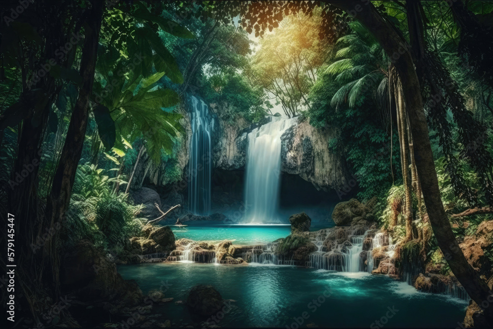 Beautiful waterfall in tropical jungle. Cascade waterfall in green tree ...
