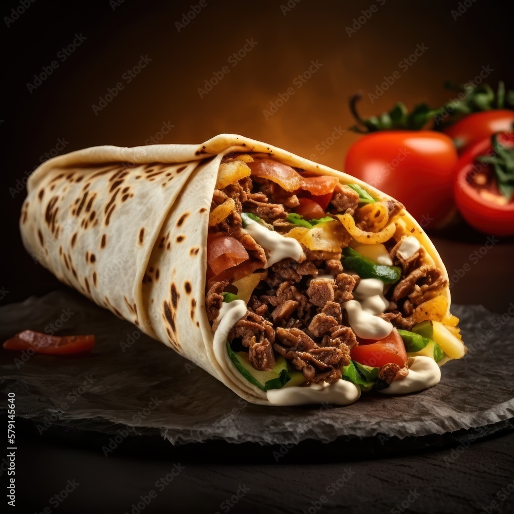 Burritos wraps with beef, chicken and vegetables on black background ...