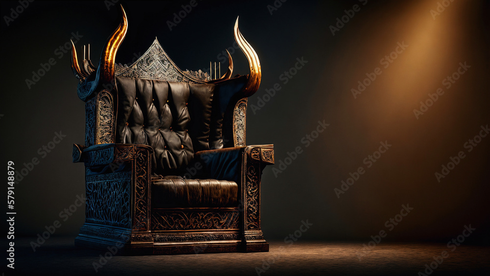 royal chair made of leather and wood with some carvings and some horns ...