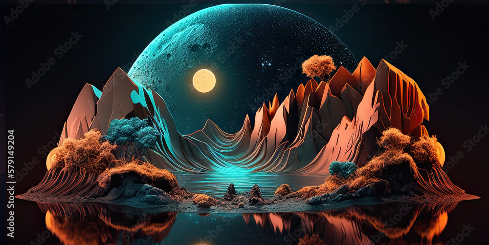 This abstract futuristic 3D rendering features a neon crest sign with a ...