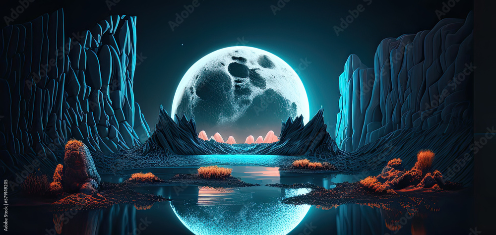 This abstract futuristic 3D rendering features a neon crest sign with a ...