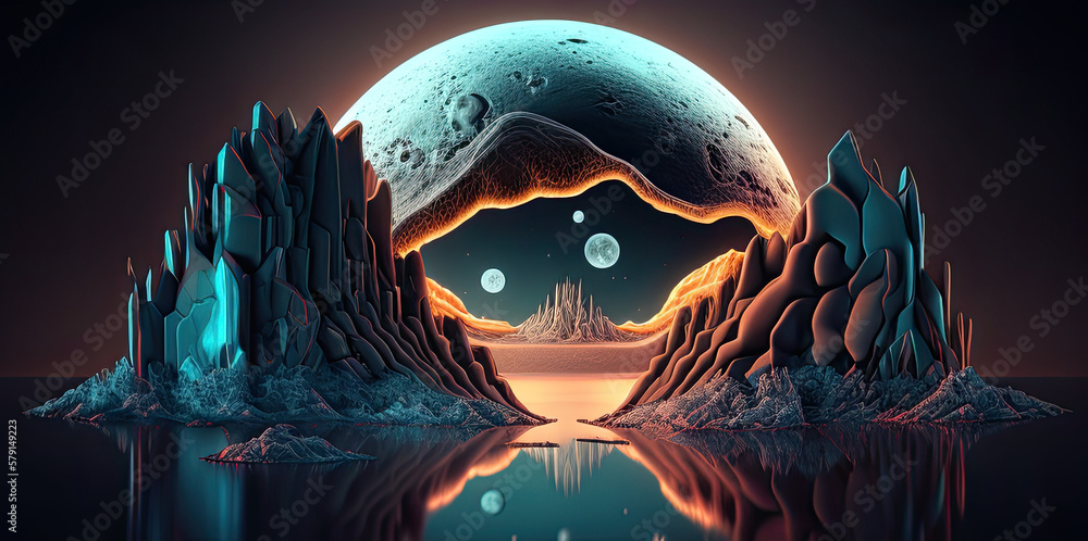 This abstract futuristic 3D rendering features a neon crest sign with a ...