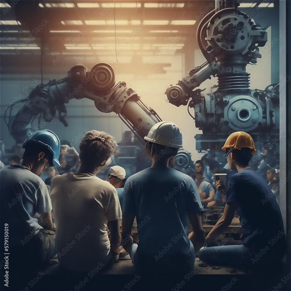 Humans collaborate with robots. machinery and robotic arms operate in ...