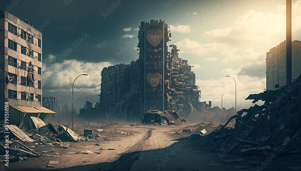 Russia in ruins after a devastating war, apocalyptic scenery. Generated ...