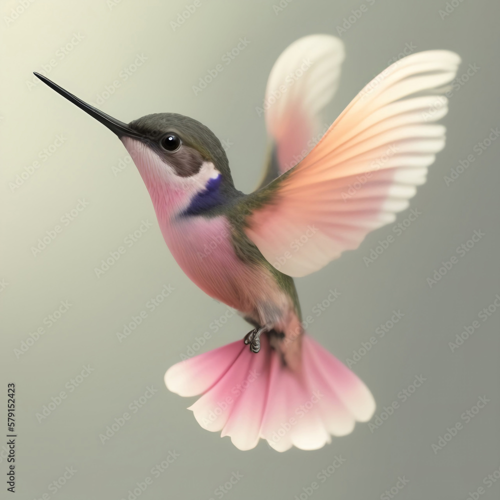 Generative AI: pink hummingbird flying on a neutral background Stock ...