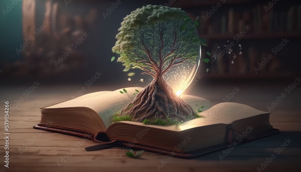 concept of education Stack of books in the library, a tree of knowledge ...