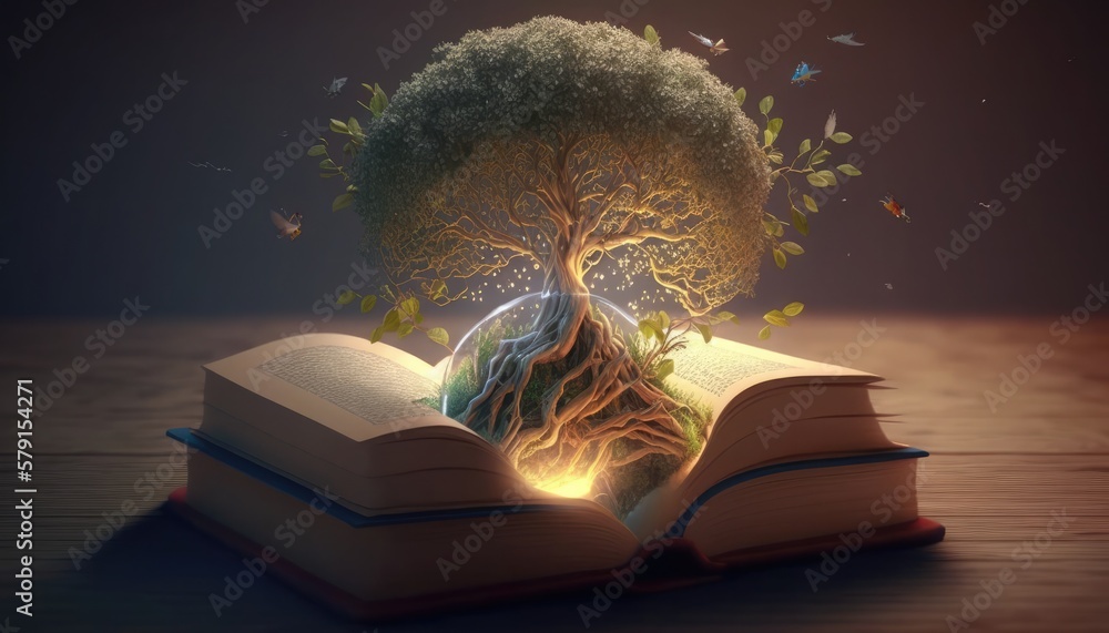 concept of education Stack of books in the library, a tree of knowledge ...