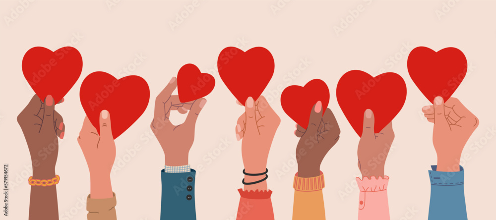 Human hands holding hearts, charity and donation concept. Hand drawn ...