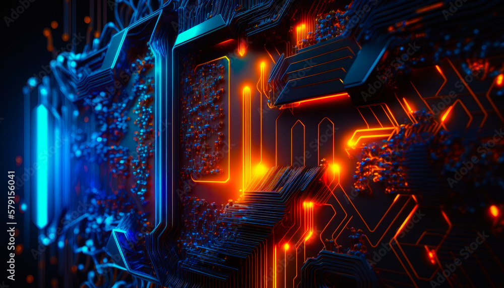 An electronic circuit board with glowing orange and blue lights ...