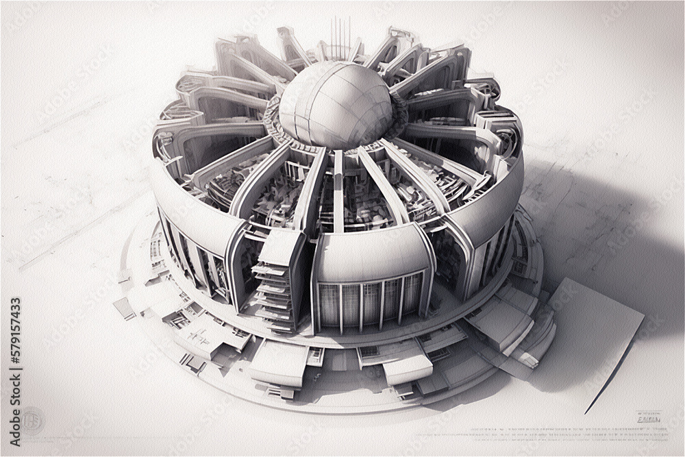 Sketch of a future fusion nuclear reactor. Black and white. Generative ...