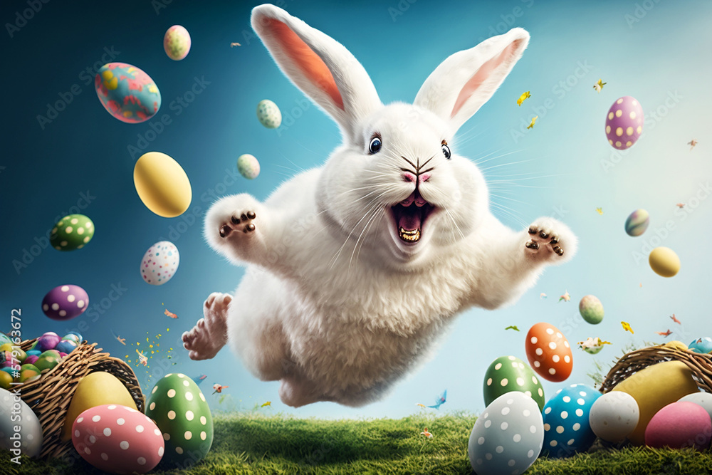 happy Easter bunny jumping with joy with many Easter eggs Stock ...
