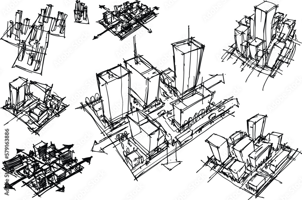 hand drawn architectural sketches of urban ideas and city structures ...